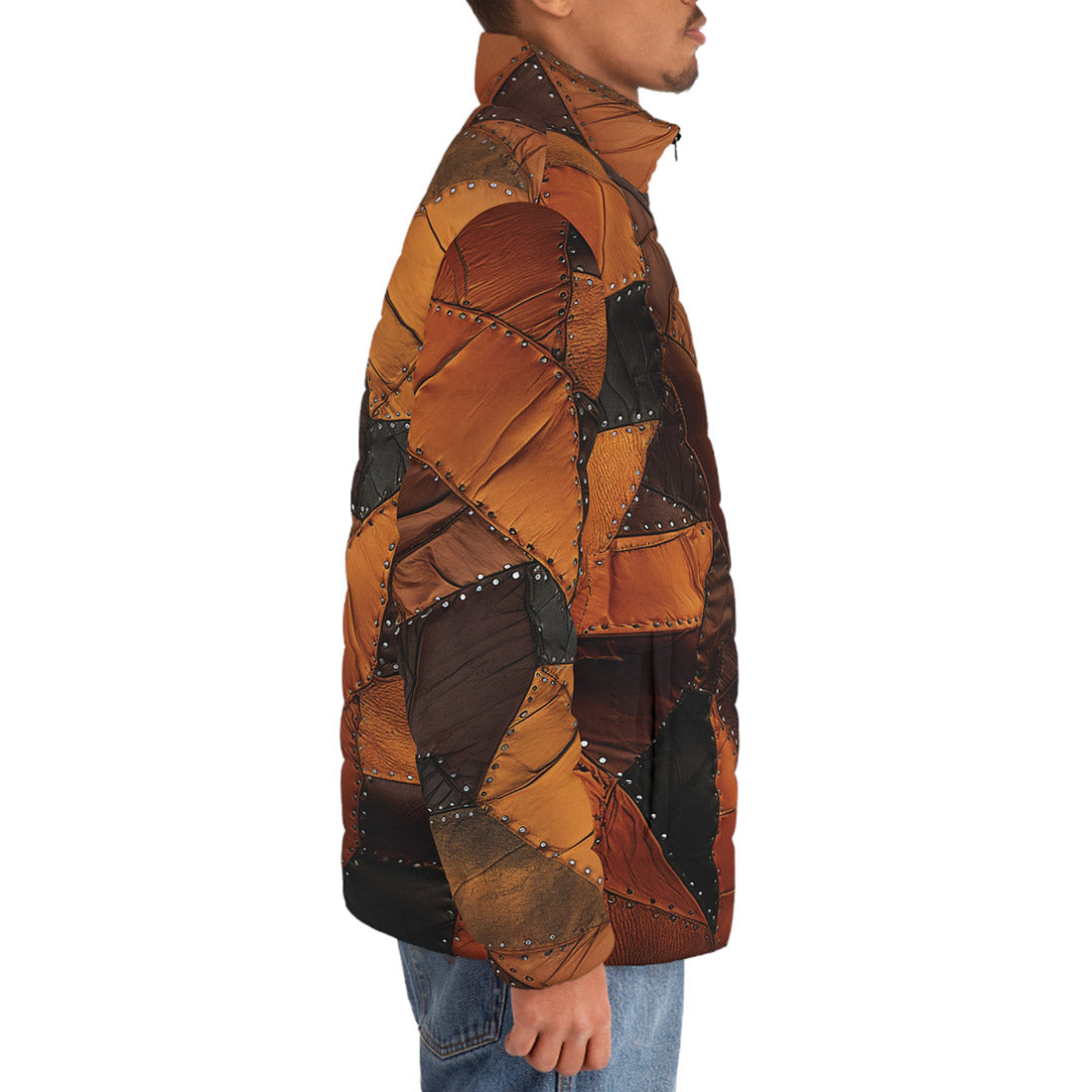 Down-Padded Puffer Jacket Leather Patchwork with Stitching – CoolWear