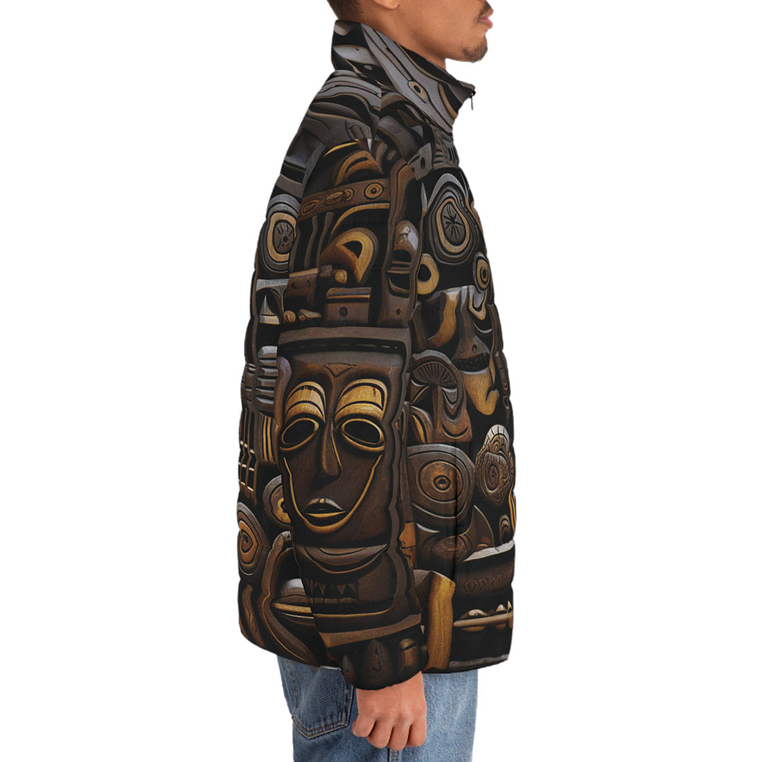 Down-Padded Puffer Jacket African Wooden Masks Carvings – CoolWear