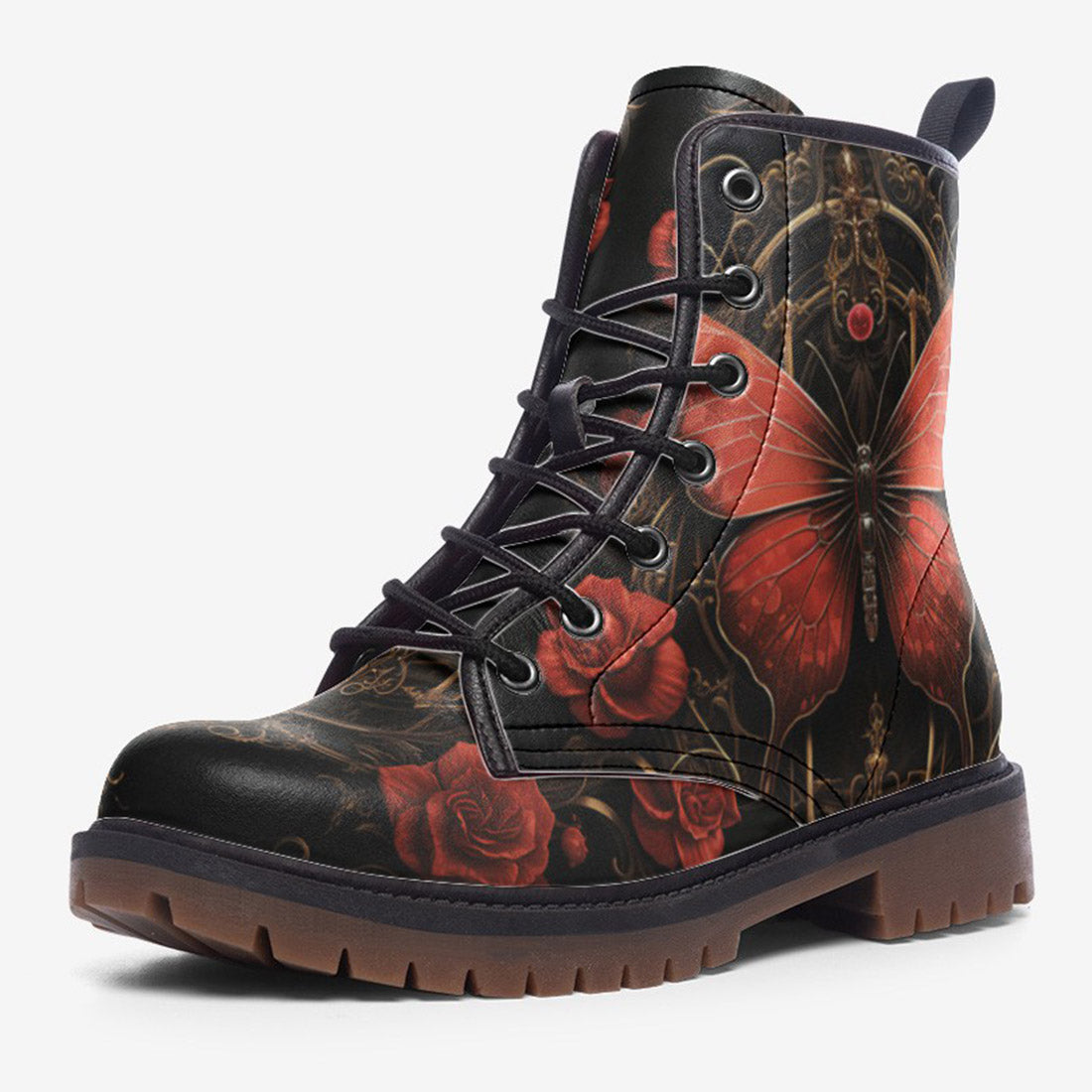 Leather Boots Gothic Red Butterfly with Flowers – CoolWear