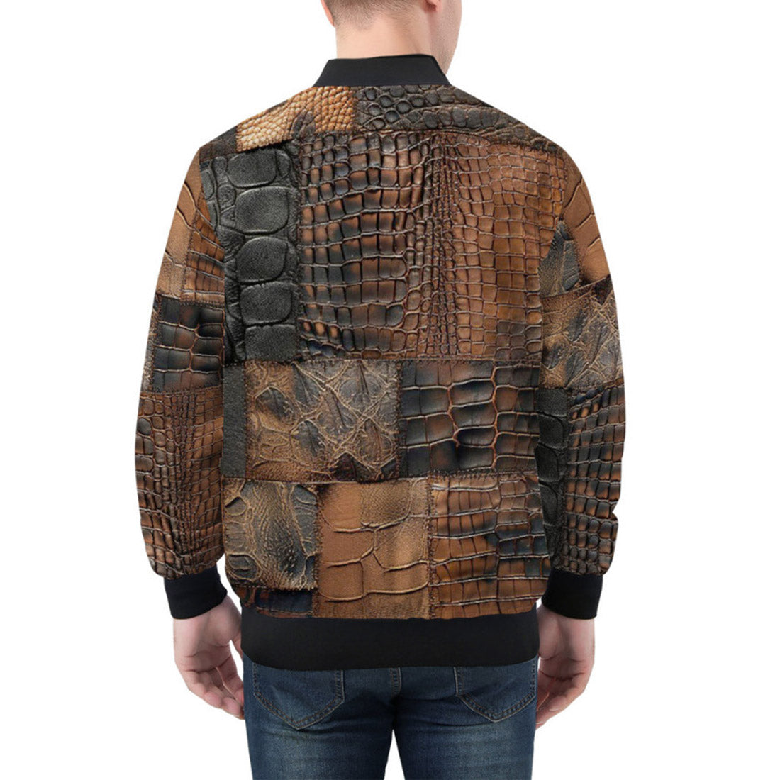 Bomber Jacket Brown Alligator Skin Patchwork Print – CoolWear